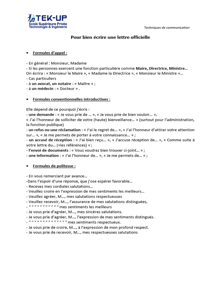 Expression Pour Ecrire Une Lettre Officielle | PDF