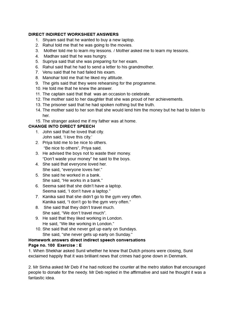 Direct Indirect Answer Key | PDF