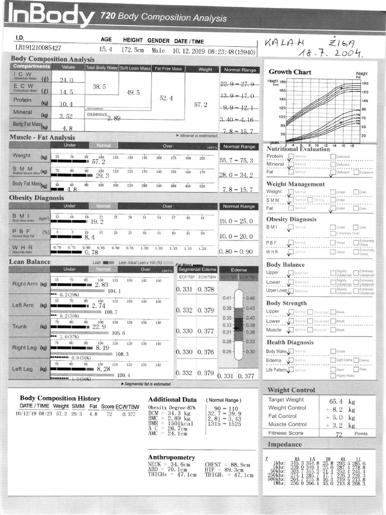 KALAN Žiga 12 2019 InBody kolo | PDF | Human Body Weight | Primate Anatomy