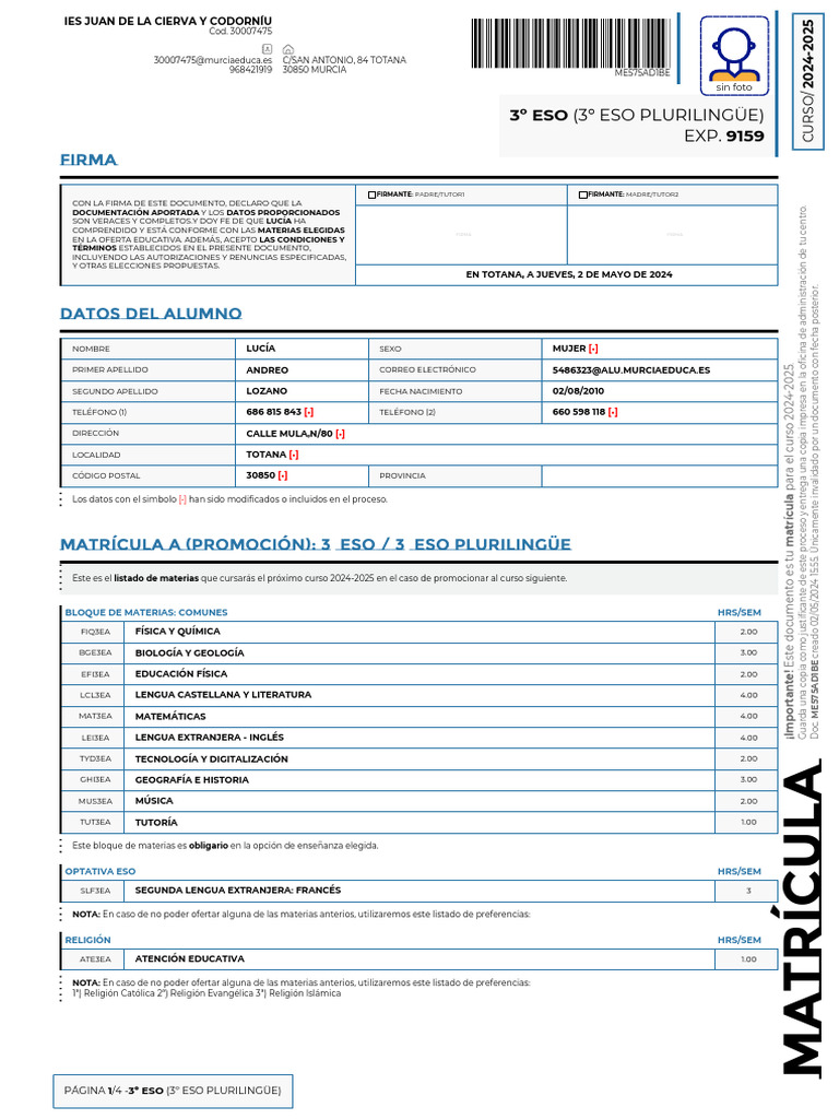 Matricula 2024 2-3 Eso Definitiva | PDF | Evaluación | Enseñando