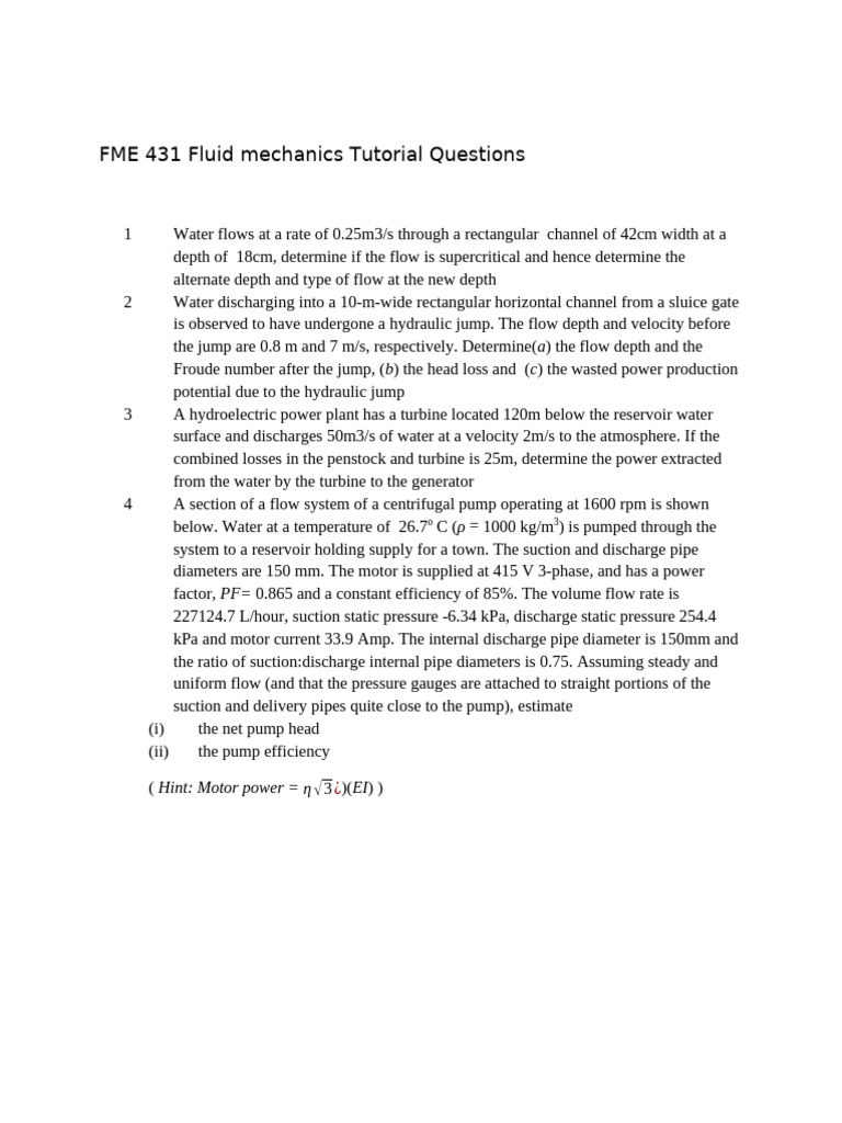 Fluid Mechanics Tutorial Questions | PDF