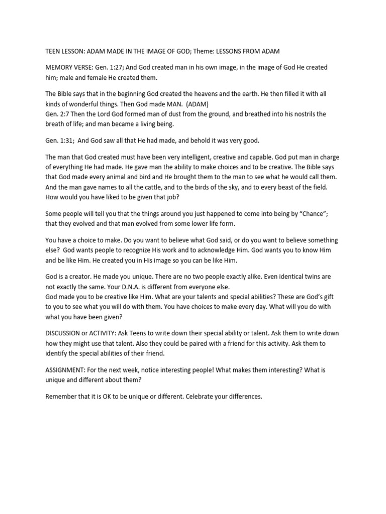 Lessons from Adam: Created in God's Image | PDF