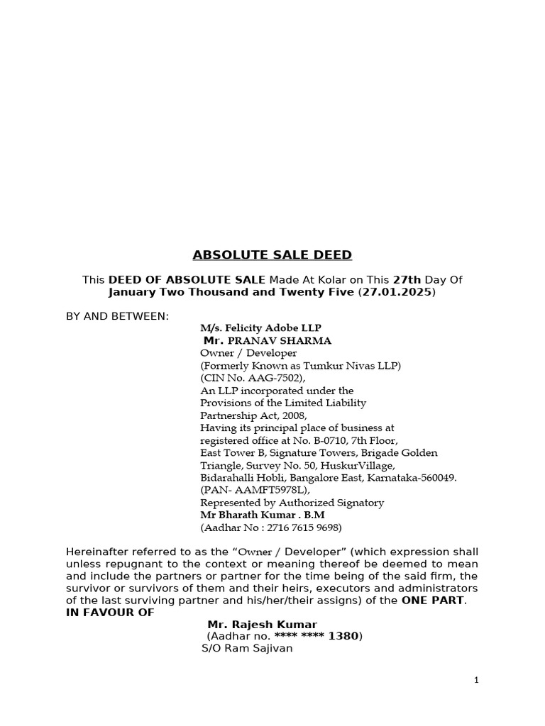 Mr. Rajesh Kumar - Sale Deed | PDF | Deed | Security Interest