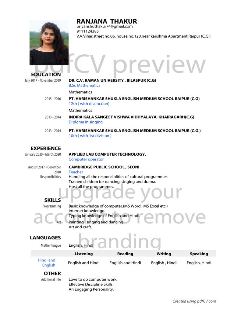 Ranjana Thakur's CV and Skills Summary | PDF | Communication