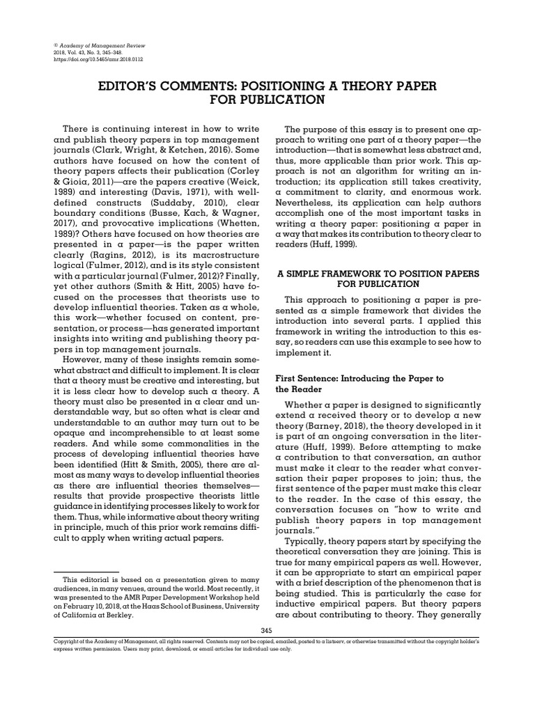 Barney 2018 - Aom - Positioning A Theory Paper | PDF | Theory | Paragraph