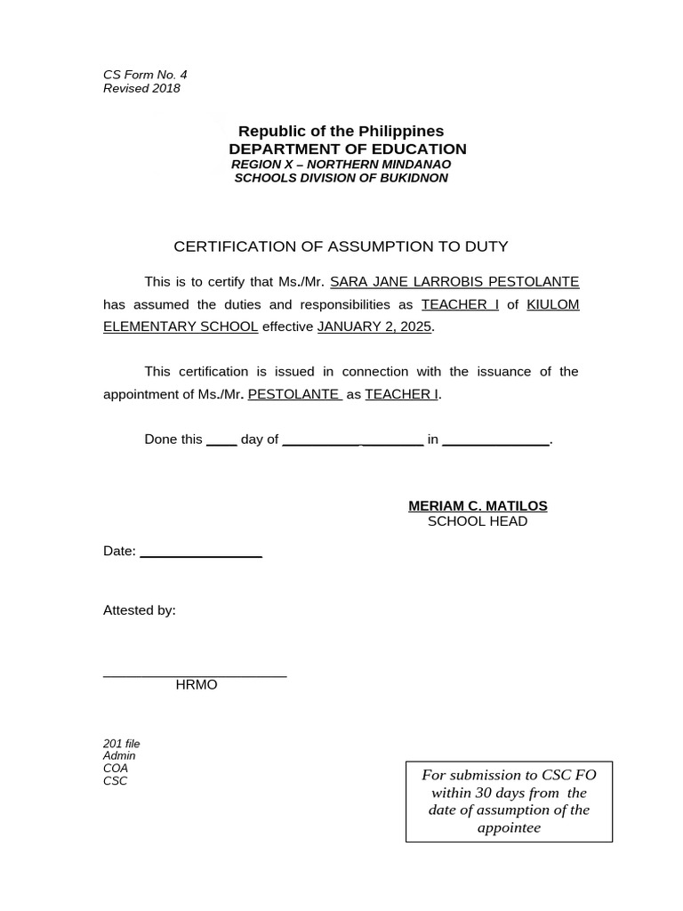 Certification of Assumption To Duty CS Form No. 4 Revised 2018 | PDF