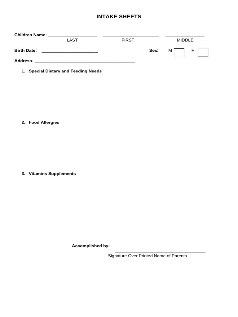 INTAKE SHEETS | PDF | Nutrition | Diet & Nutrition