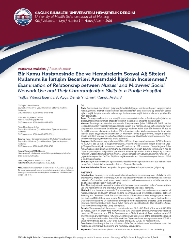 Bir Kamu Hastanesinde Ebe Ve Hem Irelerin Sosyal a Siteleri Kullan m Le Leti Im Becerileri Aras ...