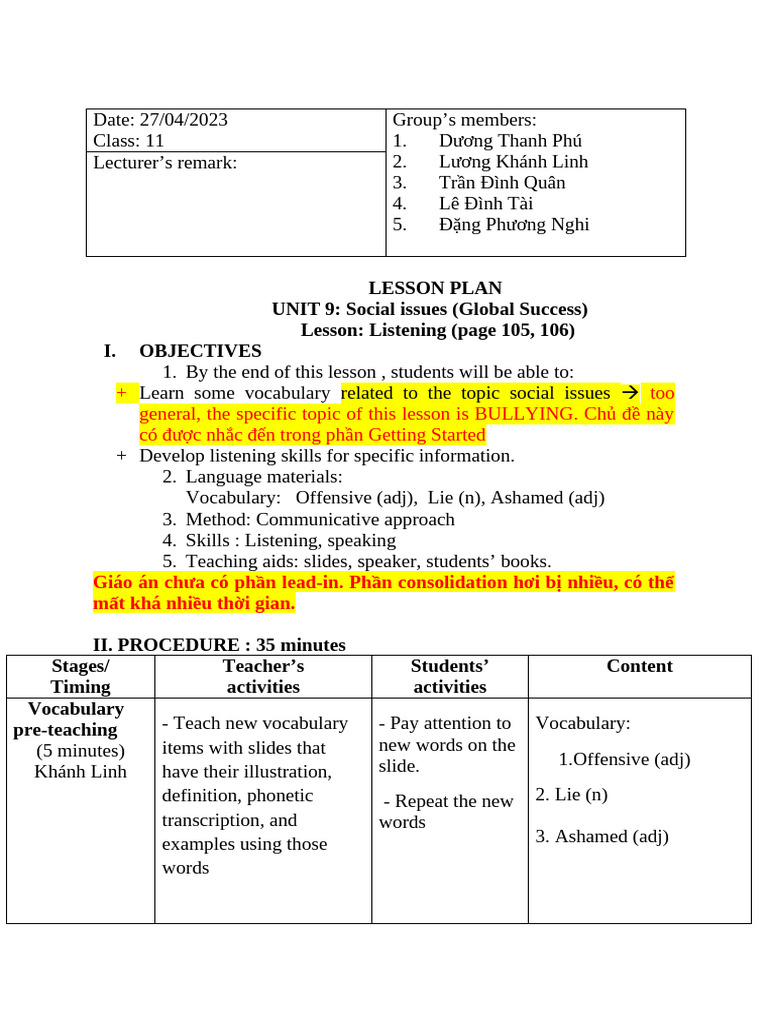 Listening Lesson Plan on Bullying | PDF | Vocabulary | Syntax