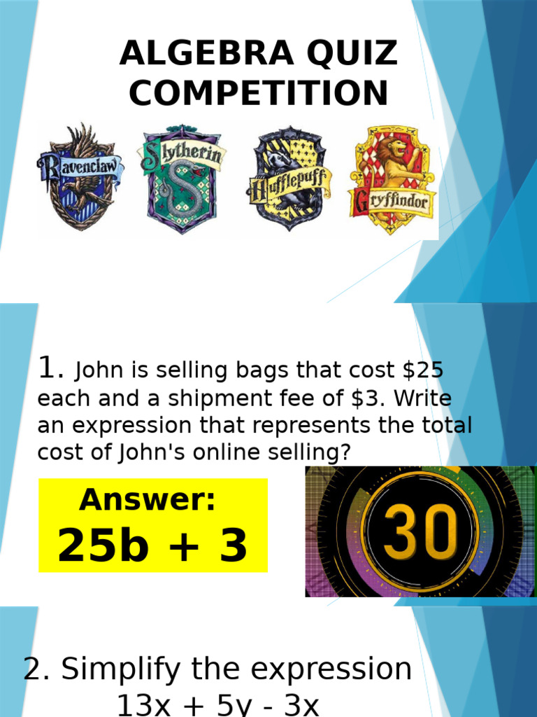 Algebra Quiz Competition Questions | PDF
