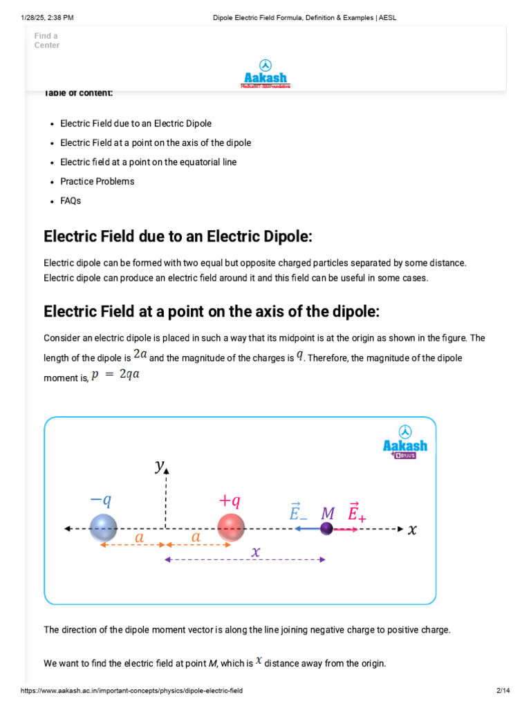 Dipole Electric Field Formula, Definition & Examples - AESL | PDF ...