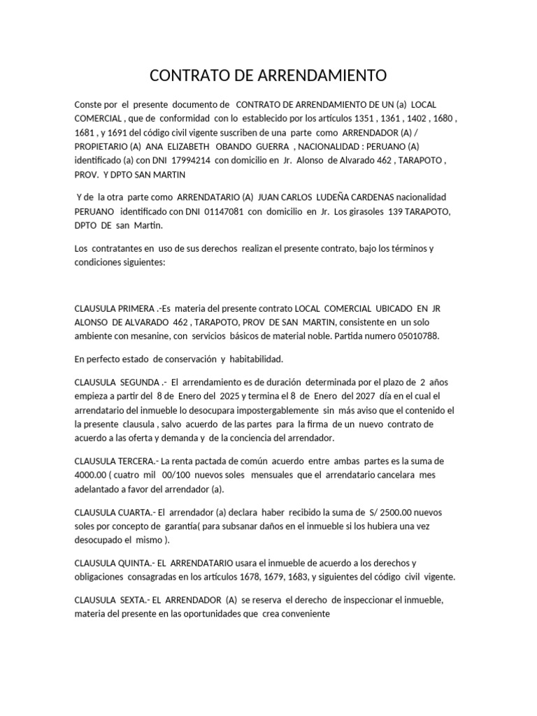 Contrato de Arrendamiento Local 2025 | PDF