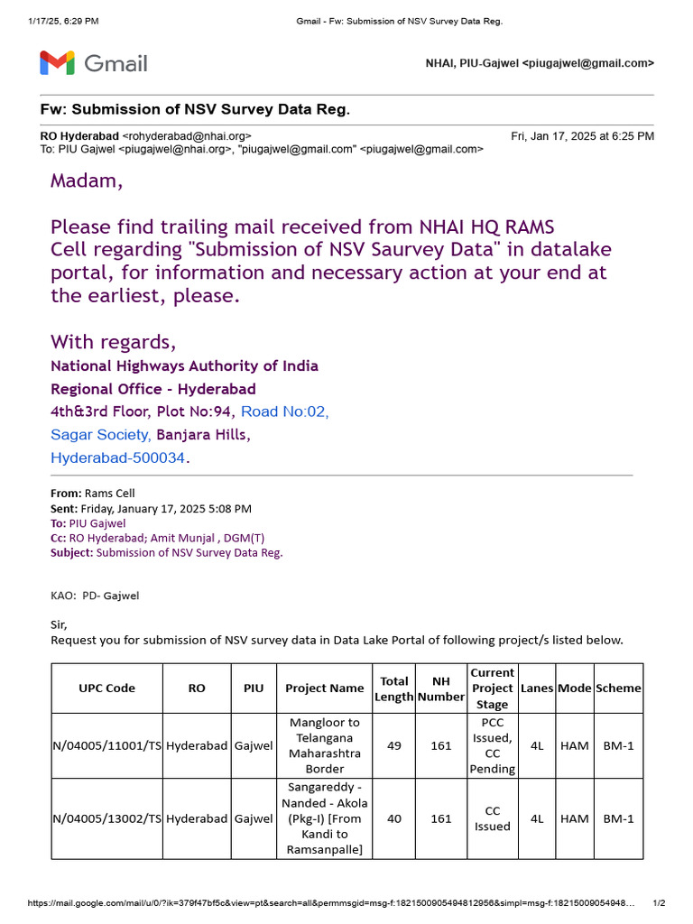 Gmail - Fw_ Submission of NSV Survey Data Reg_ | PDF | Road Transport | Road
