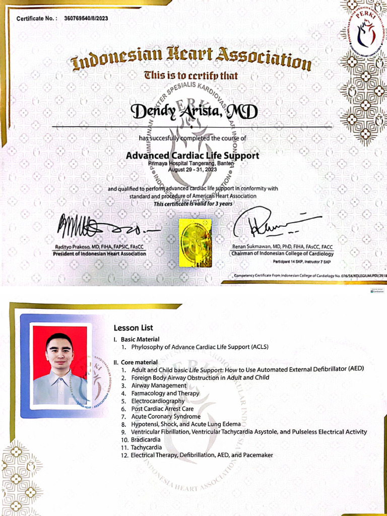 Sertifikat ACLS Dendy Arista | PDF