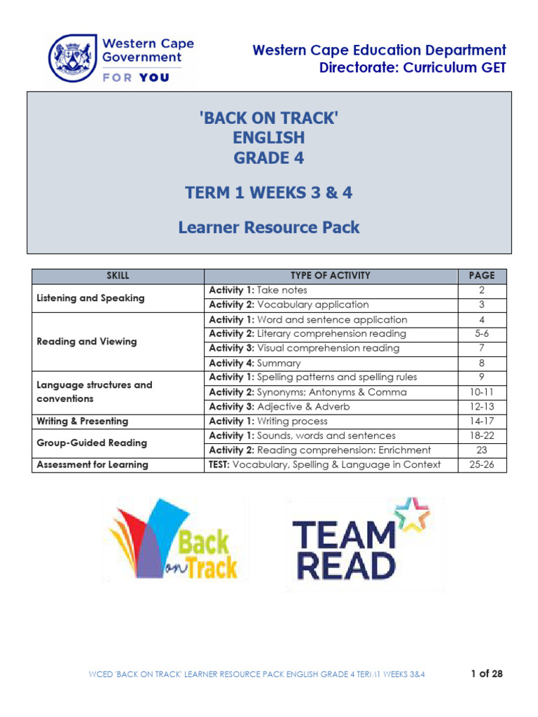 Grade 4 English Resource Pack: Term 1 | PDF | Reading Comprehension ...