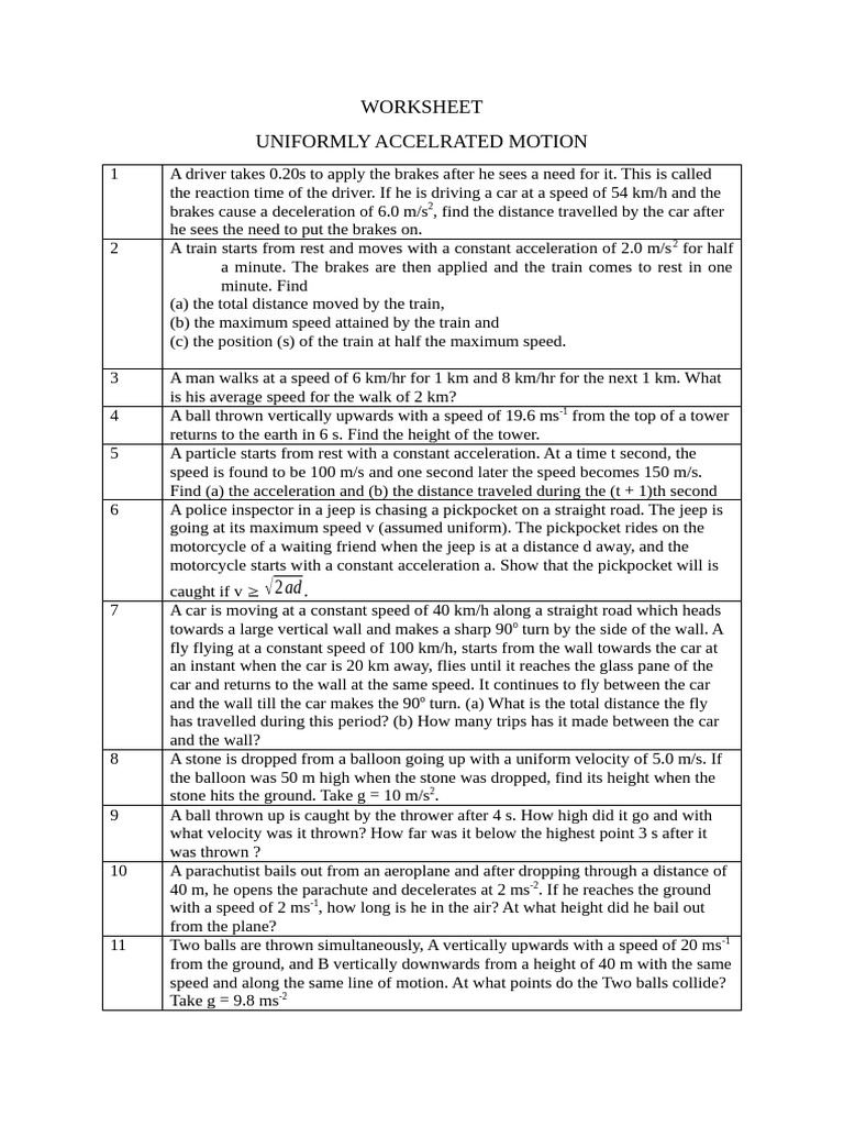 Worksheet Uniformly Accelerated Motion | PDF | Acceleration | Speed