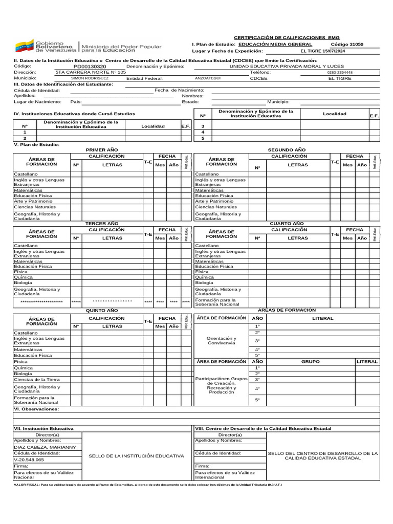 Certificación de Calificaciones EMG Código 31059 | PDF