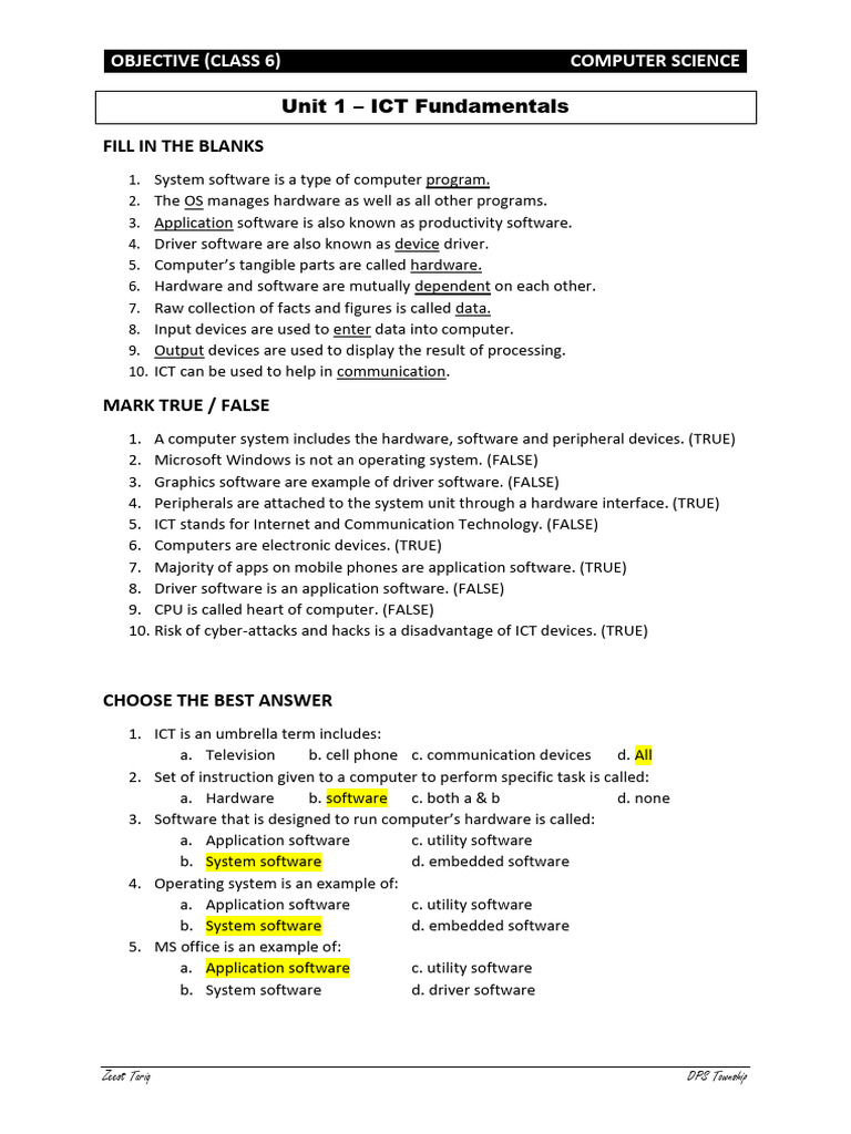 Class 6 Computer Science Objectives | PDF | Computer Data Storage ...