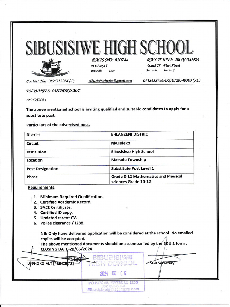 Sibusisiwe High School Posts. | PDF