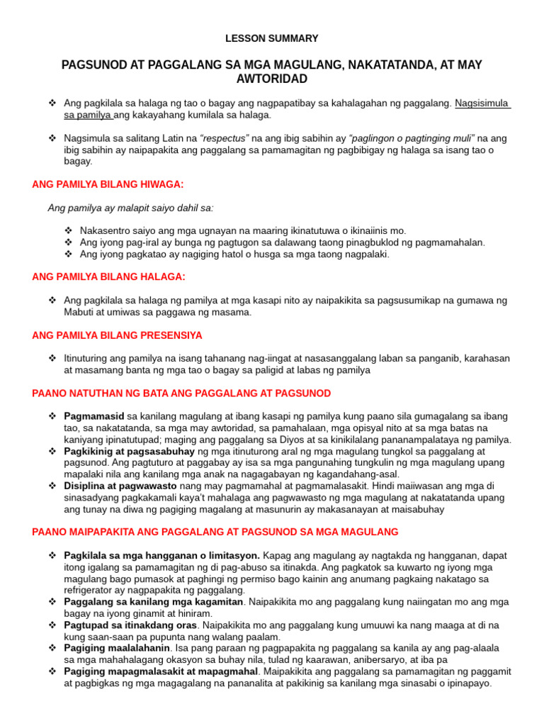 Lesson Summary Pagsunod at Paggalang | PDF