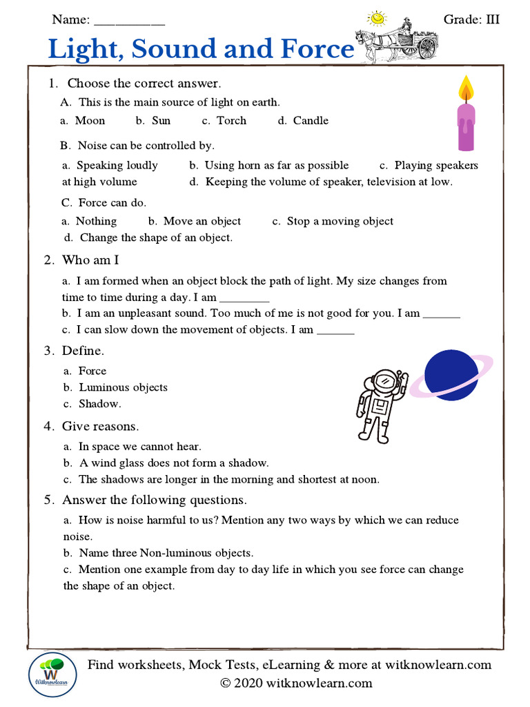 Light, Sound, and Force Worksheet | PDF