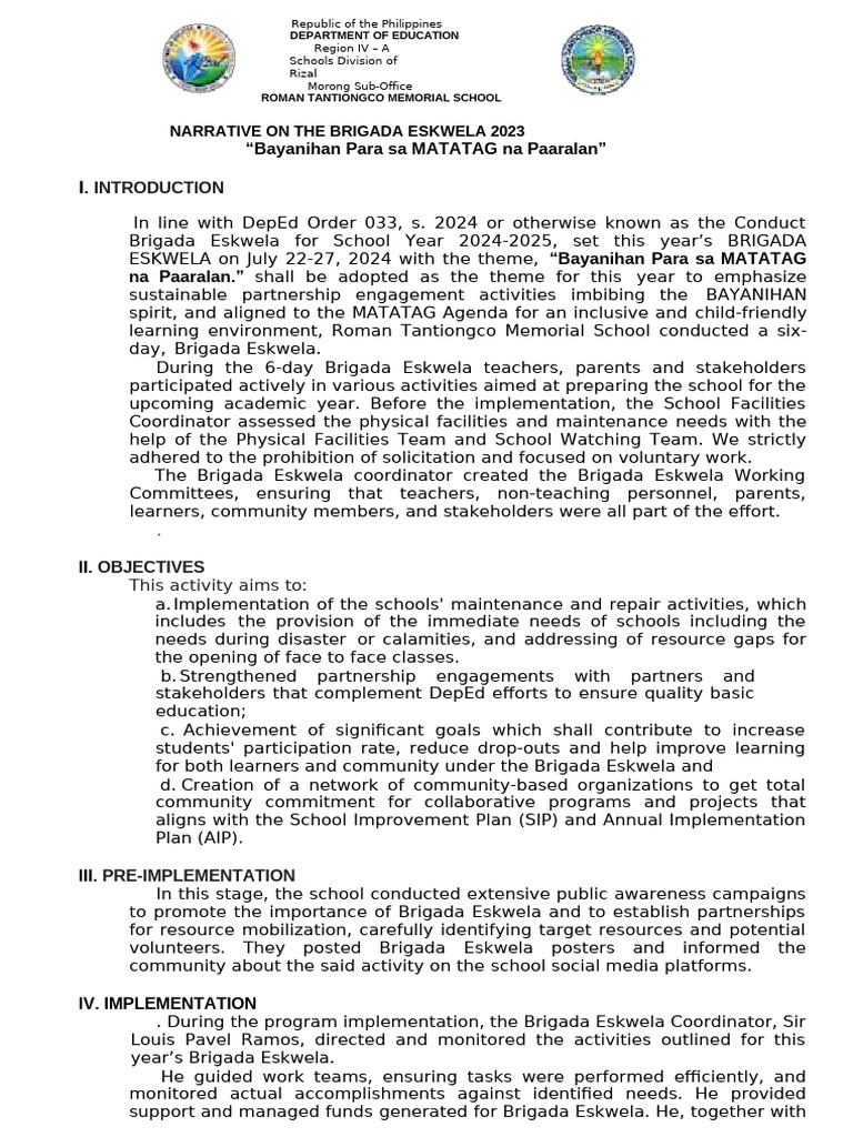Brigada Eskwela 2024-Narrative and Pictorial | PDF | Volunteering