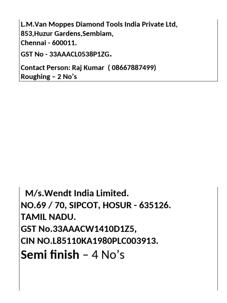 Wendt India Diamond Tool Order Details | PDF