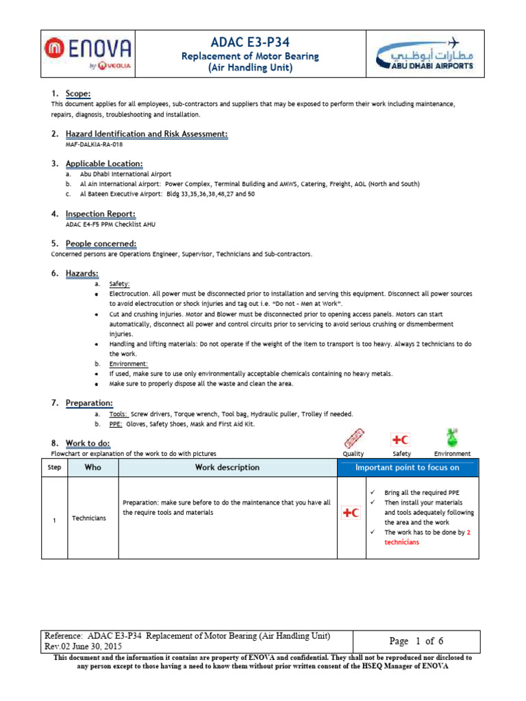 ADAC E3-P34 Replacement of Motor Bearing - Air Handling Unit - R2 | PDF | Screw | Bearing ...
