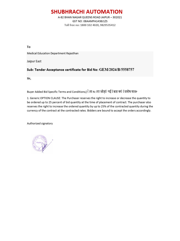 Tender Acceptance for Bid GEM/2024/B/5558757 | PDF