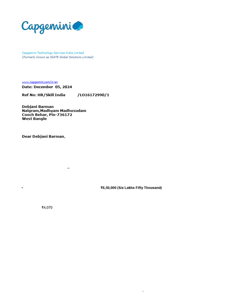 Debjani Barman -Capgemini-offer-letter | PDF | Employment | Salary