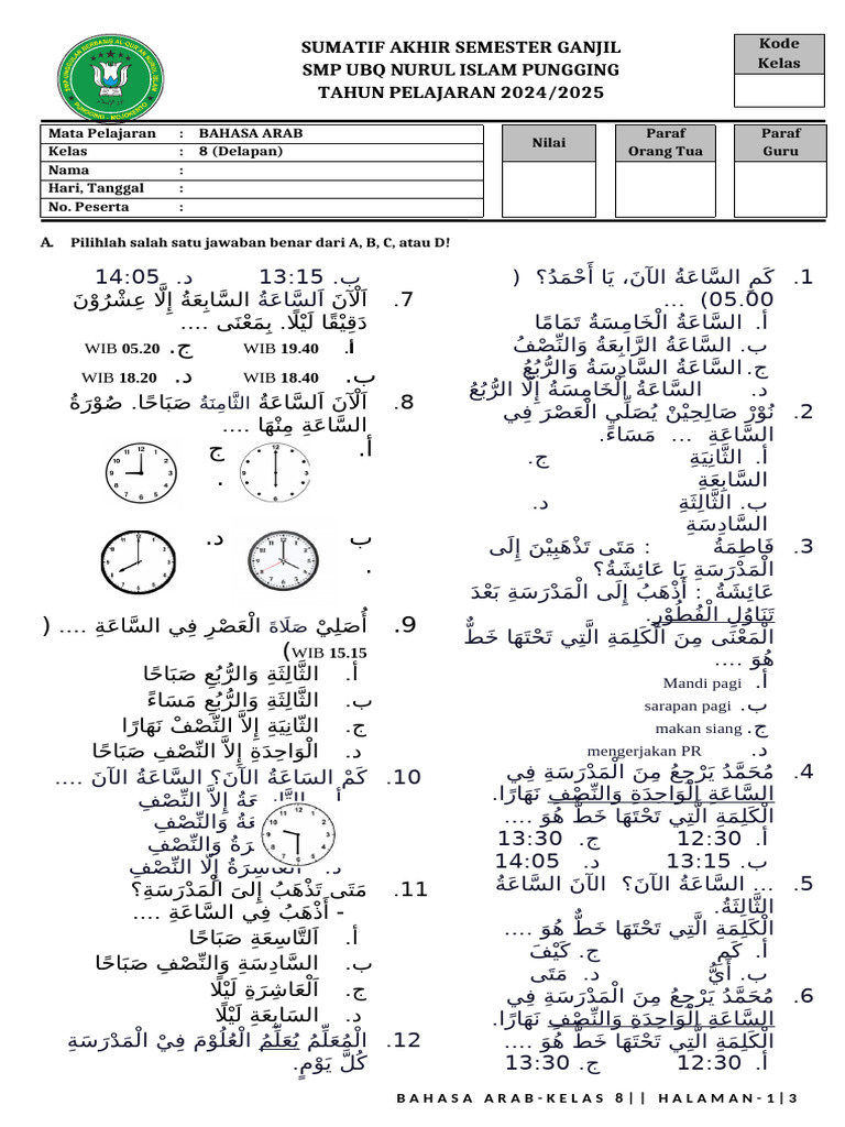Soal Kelas 8 Sas Ganjil 24-25 Bahasa Arab | PDF