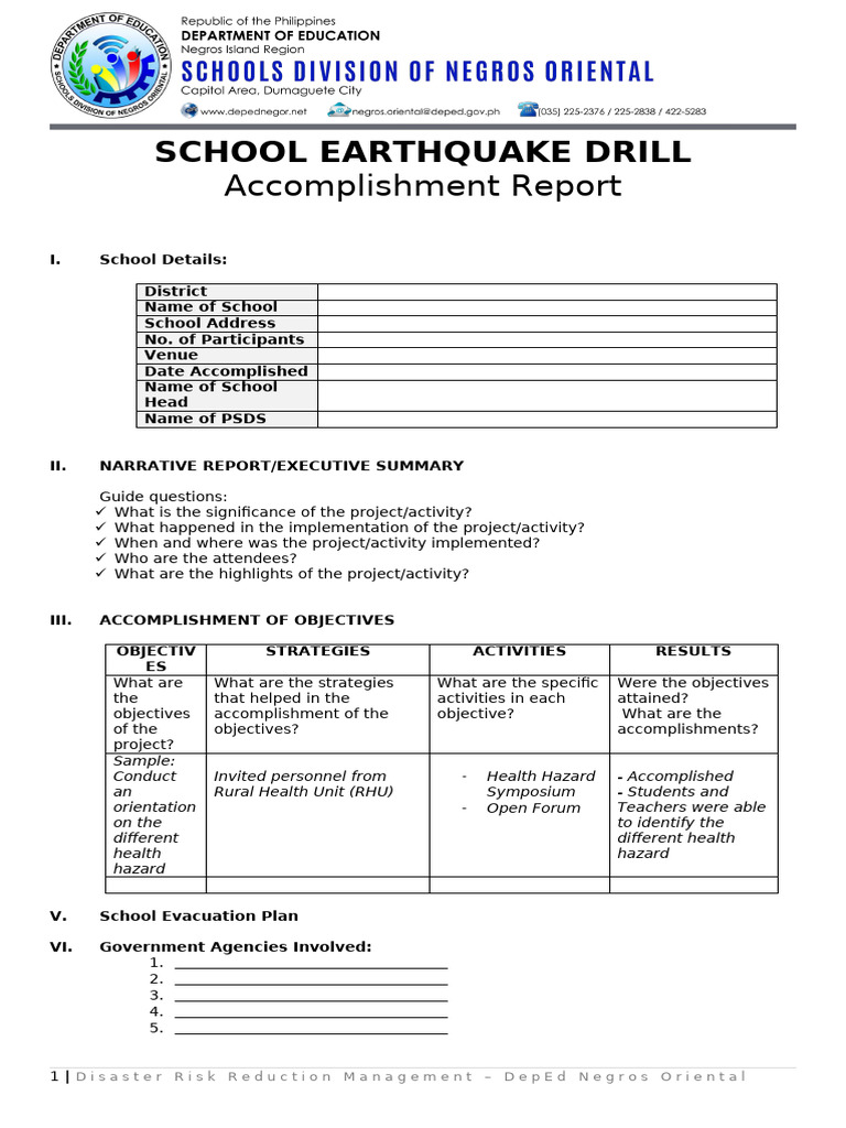 Earthquake Accomplishment Report-DRRM | PDF | Disaster Risk Reduction ...