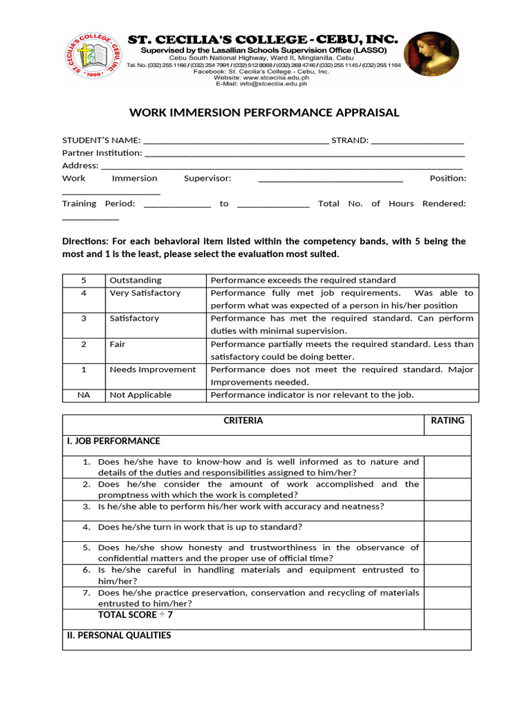 Work Immersion Students Appraisal Form | PDF | Social Psychology | Psychology