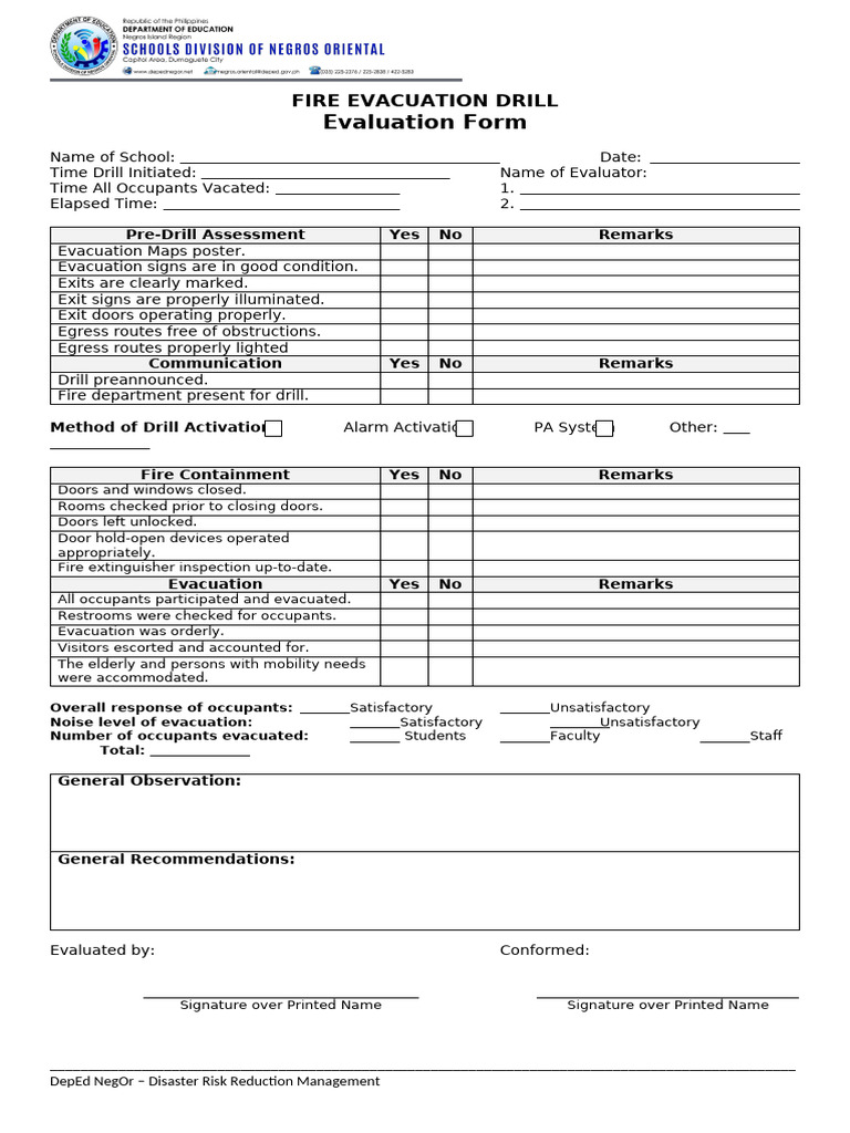 FIRE EVACUATION DRILL Evaluation (By School) | PDF