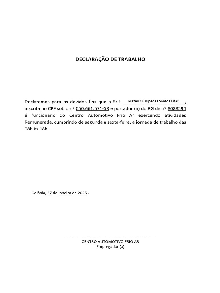 Modelo de Declaracao de Trabalho PDF | PDF