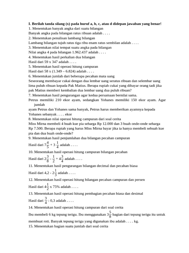 Kisi-Kisi Matematika PAS Ganjil | PDF