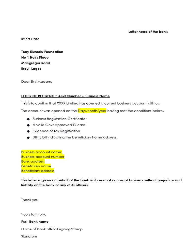 2024 Bank Reference Template - Uba Bank | PDF