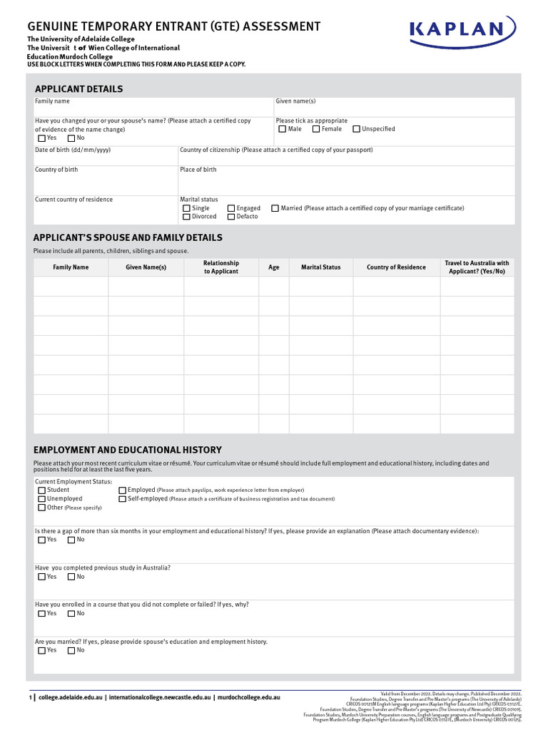 GTE Assessment Form for International Students | PDF | Travel Visa