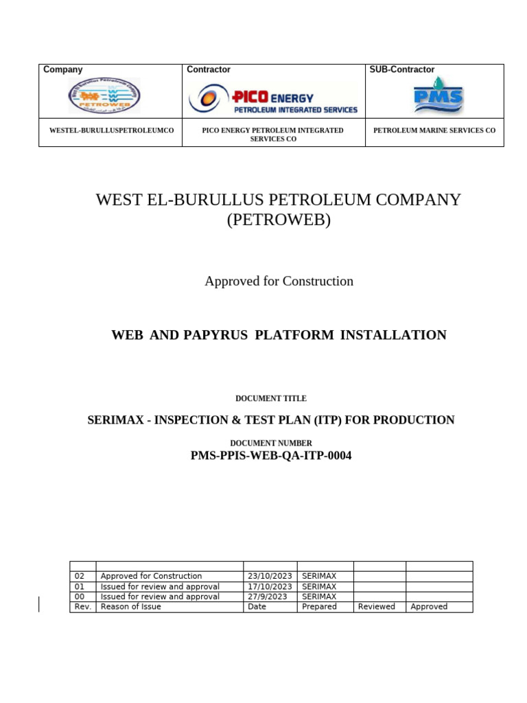 PMS-PPIS-WEB-QA-ITP-0004 - Rev 02 IFC (F6626-01-105-ITP For Production ...