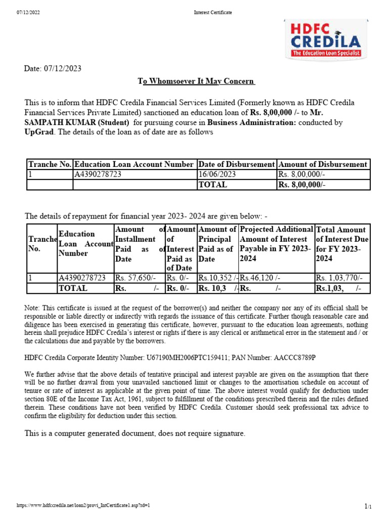 HDFC Education Loan Interest Certificate | PDF | Loans | Student Loan