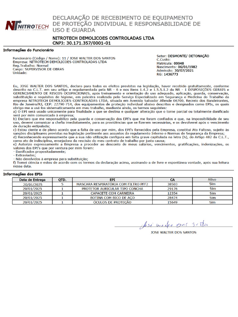 9. JOSE WALTER DOS SANTOS - FICHA DE EPI | PDF