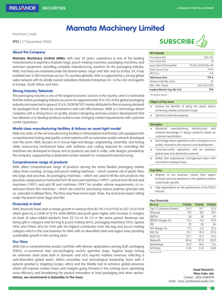 Mamata Machinery Limited - Ipo-1712124 | PDF | Investing | Risk