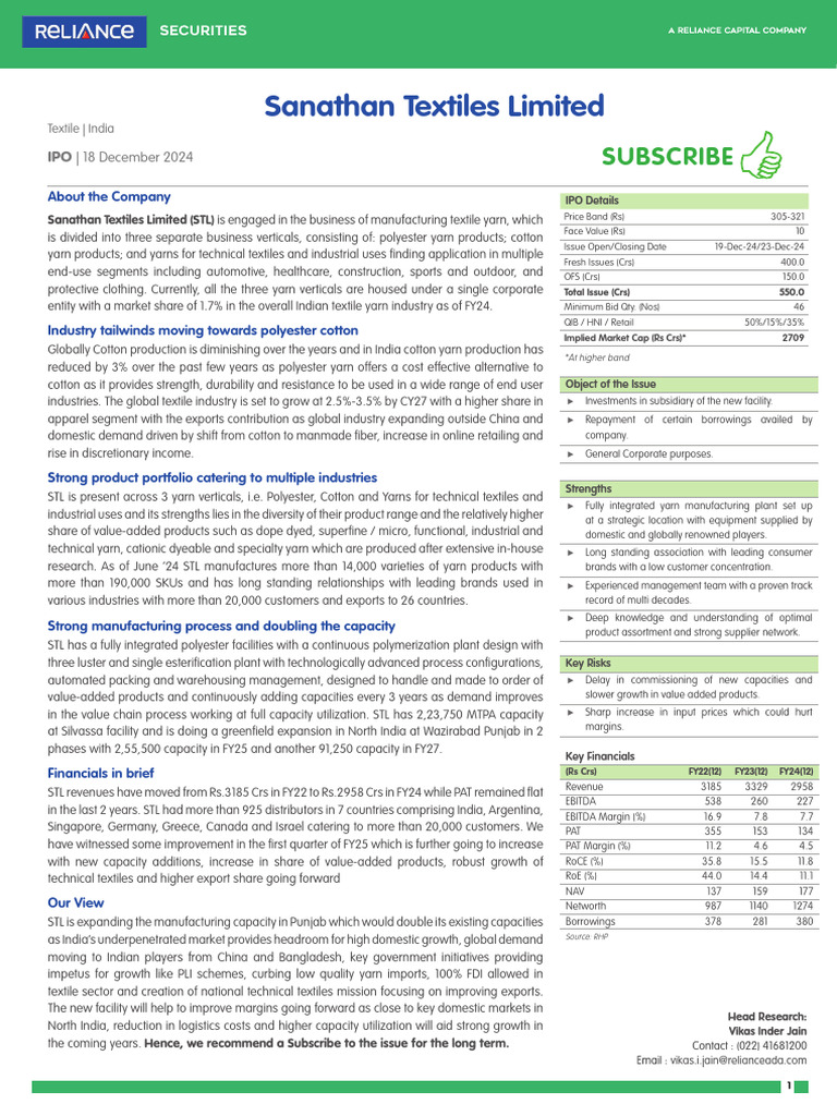 Sanathan Textiles Limited - Ipo-1812124 | PDF | Textiles | Cotton