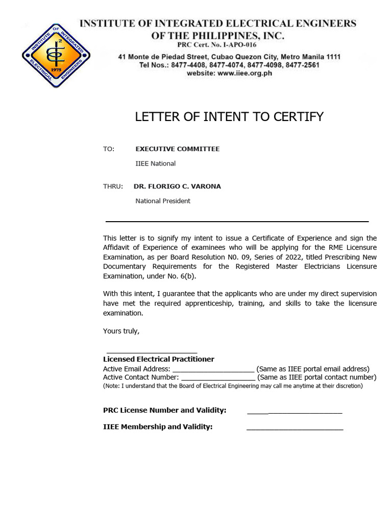 (Annex 1) - LEP Letter of Intent To Certify | PDF