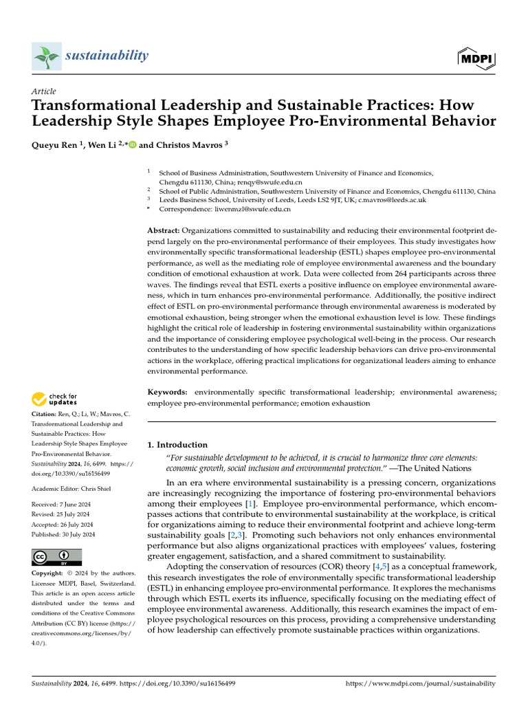 Transformational Leadership and Sustainable Practices How Leadership Style Shapes Employee Pro ...