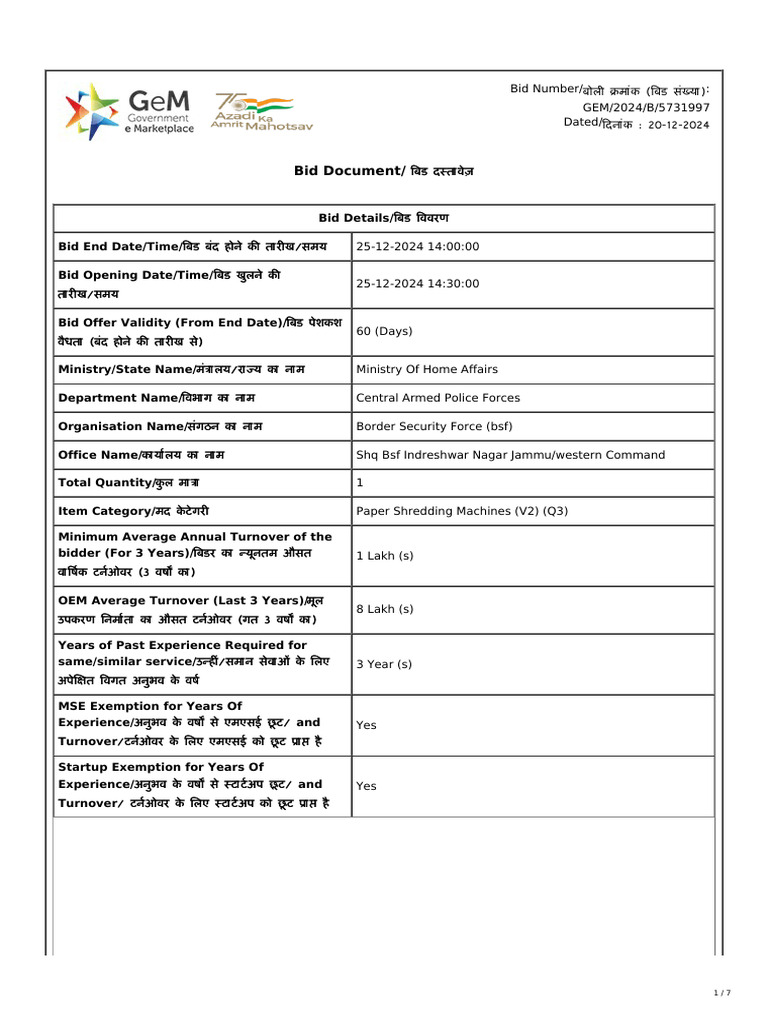 BSF Bid for Paper Shredding Machines | PDF | Procurement | Auction