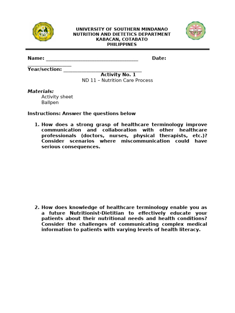 Nutrition Care Process Activity Sheet | PDF
