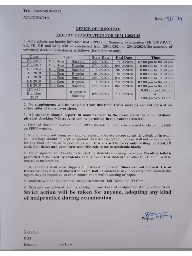 SPPU Theory Exam Nov Dec 2024 Students Notice | PDF