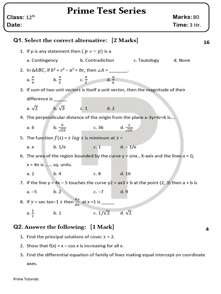 12th Maths Full Test | PDF | Area | Sphere