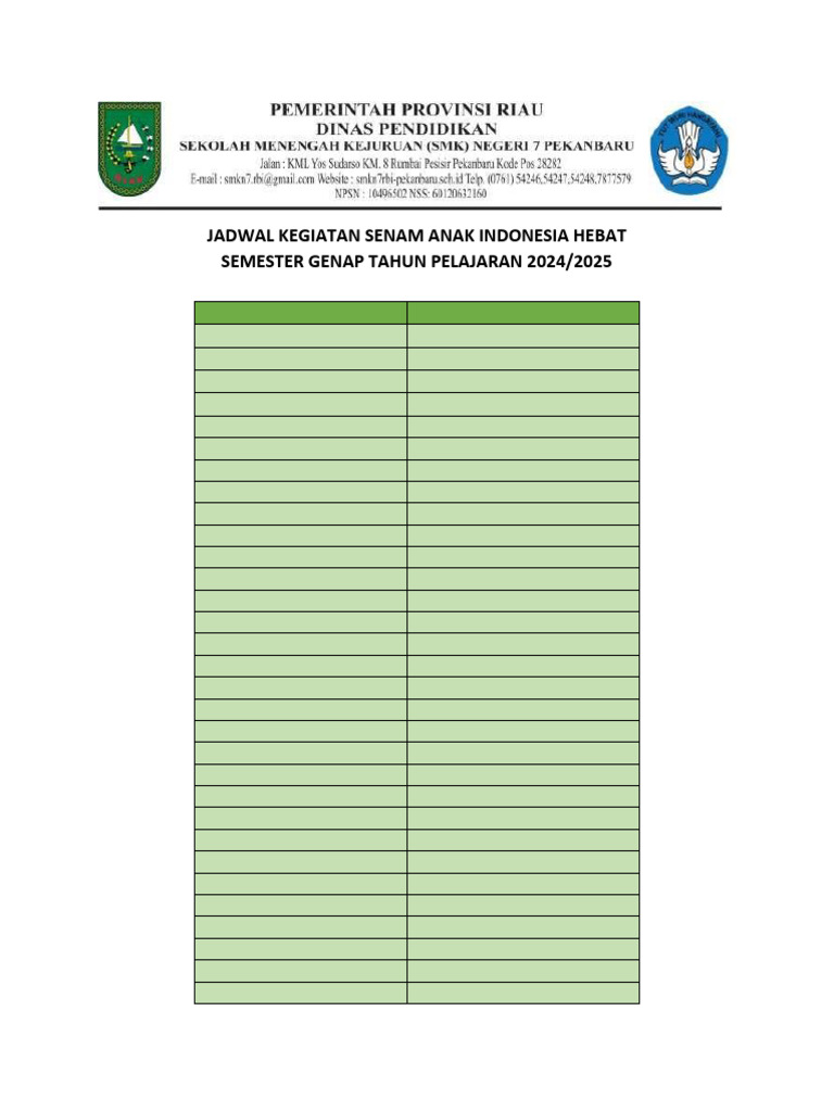 Jadwal Kegiatan Senam Anak Indonesia Hebat | PDF